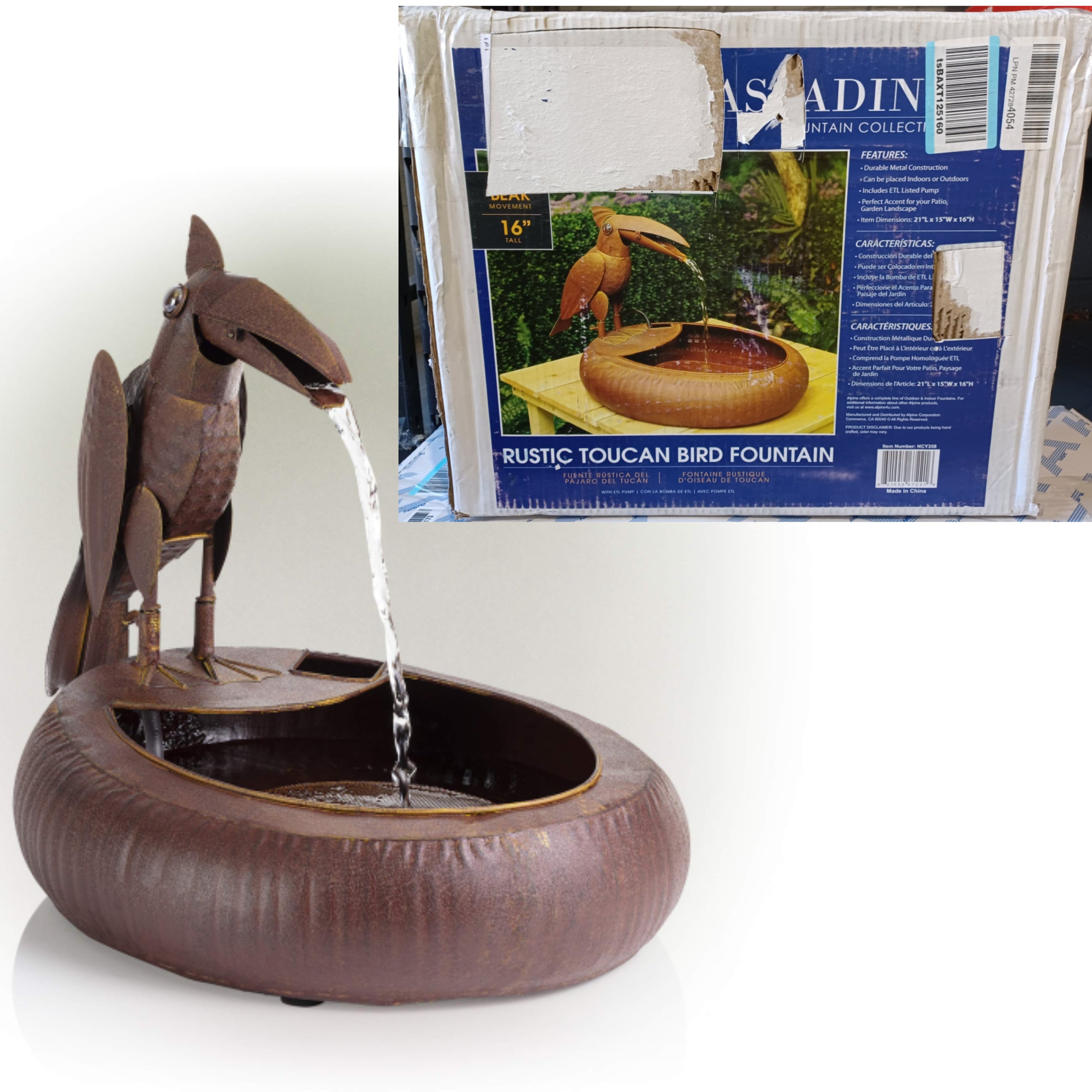 Alpine Corporation 16" Tall Indoor/Outdoor Rustic Metal Toucan Water ...