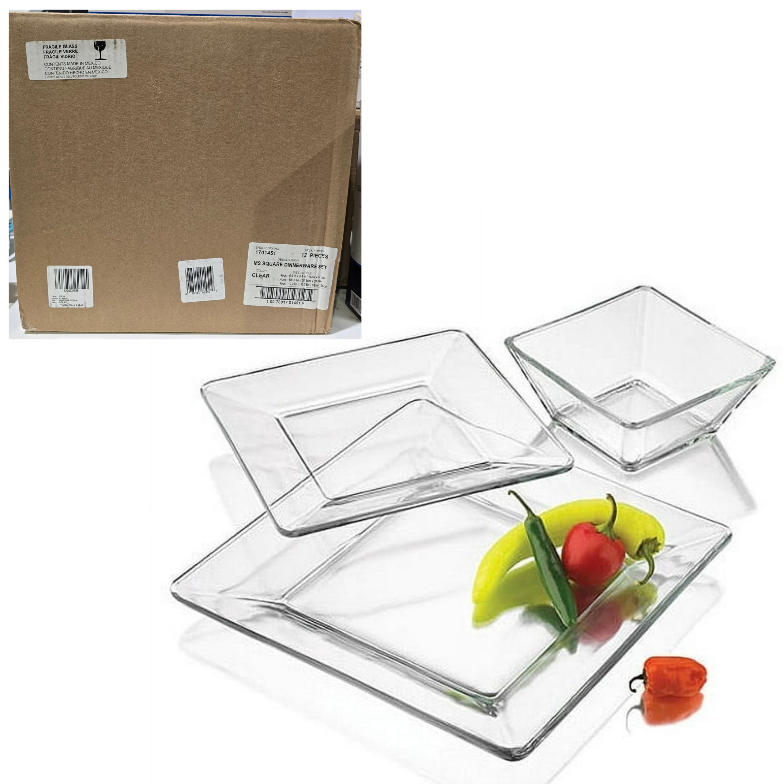 Mainstays 12-Piece Square Clear Glass Dinnerware Set | 2nd City ...